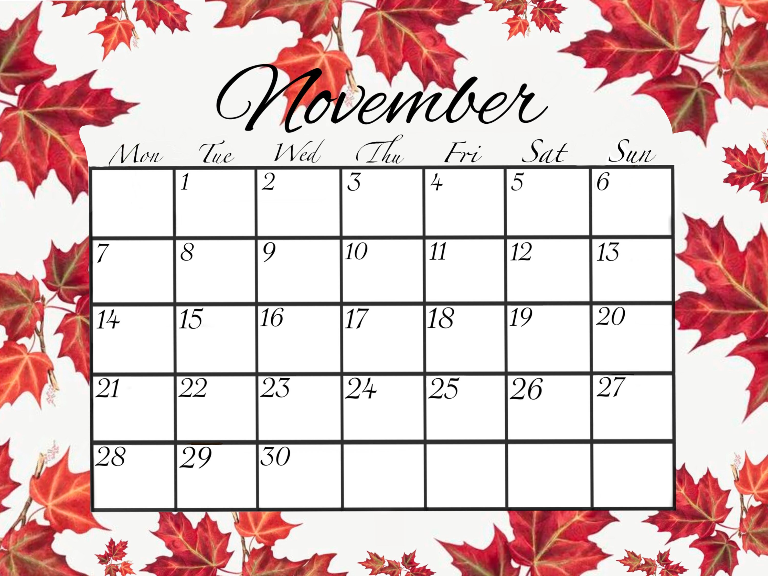 October And November Calendar Printable