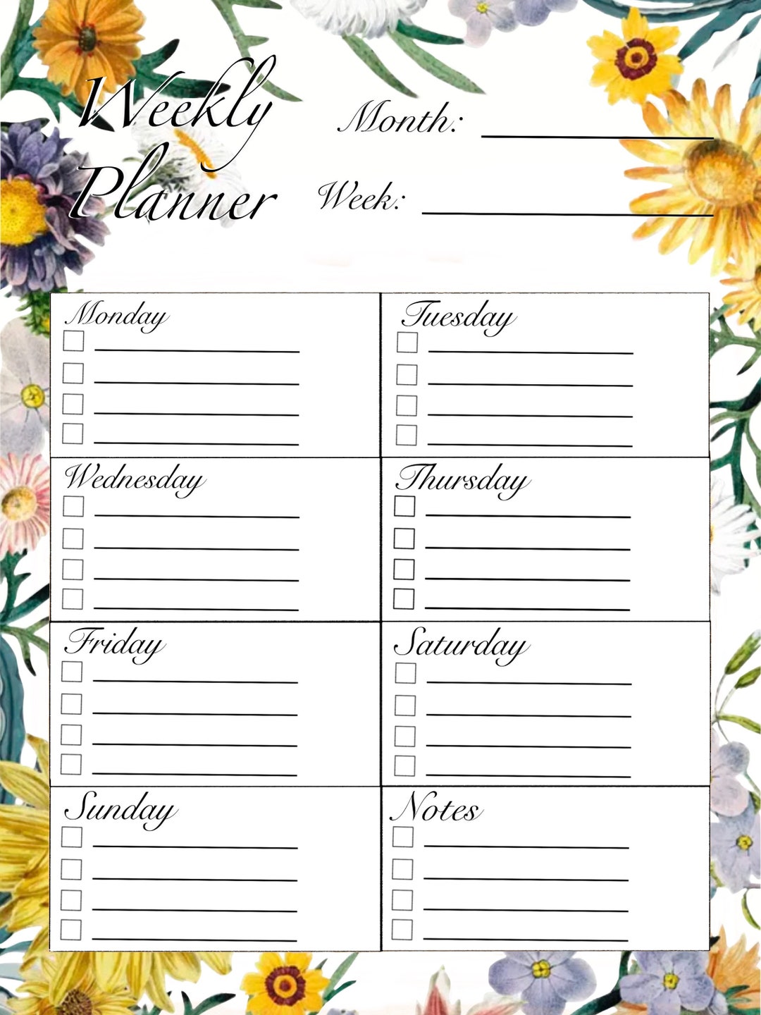 Printable Weekly Planner Decorated With Flower Border, Digital Download ...