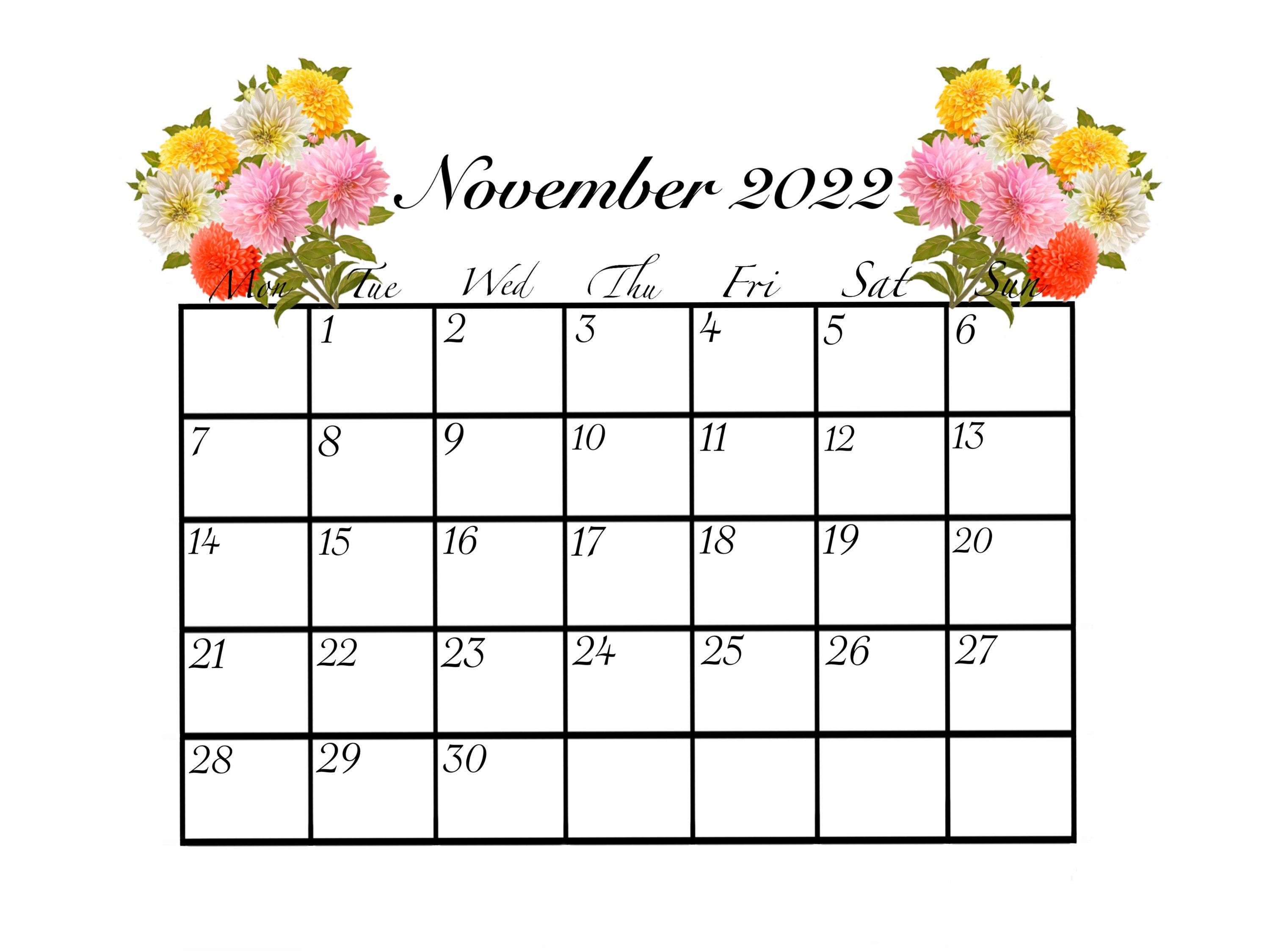 Printable November 2022 Flower Decorated Calendar - Etsy