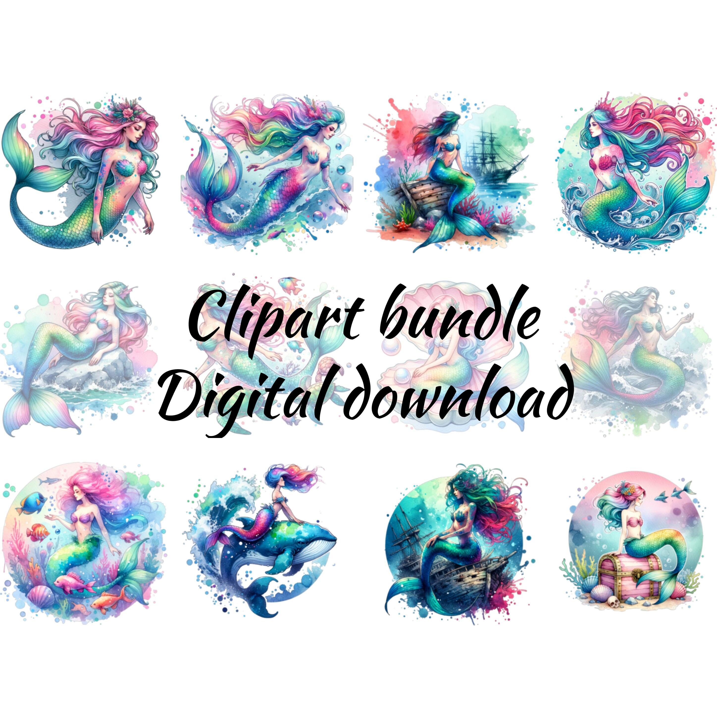 Watercolor Mermaid Clipart Bundle, Mermaid Digital Downloads, PNG Files ...