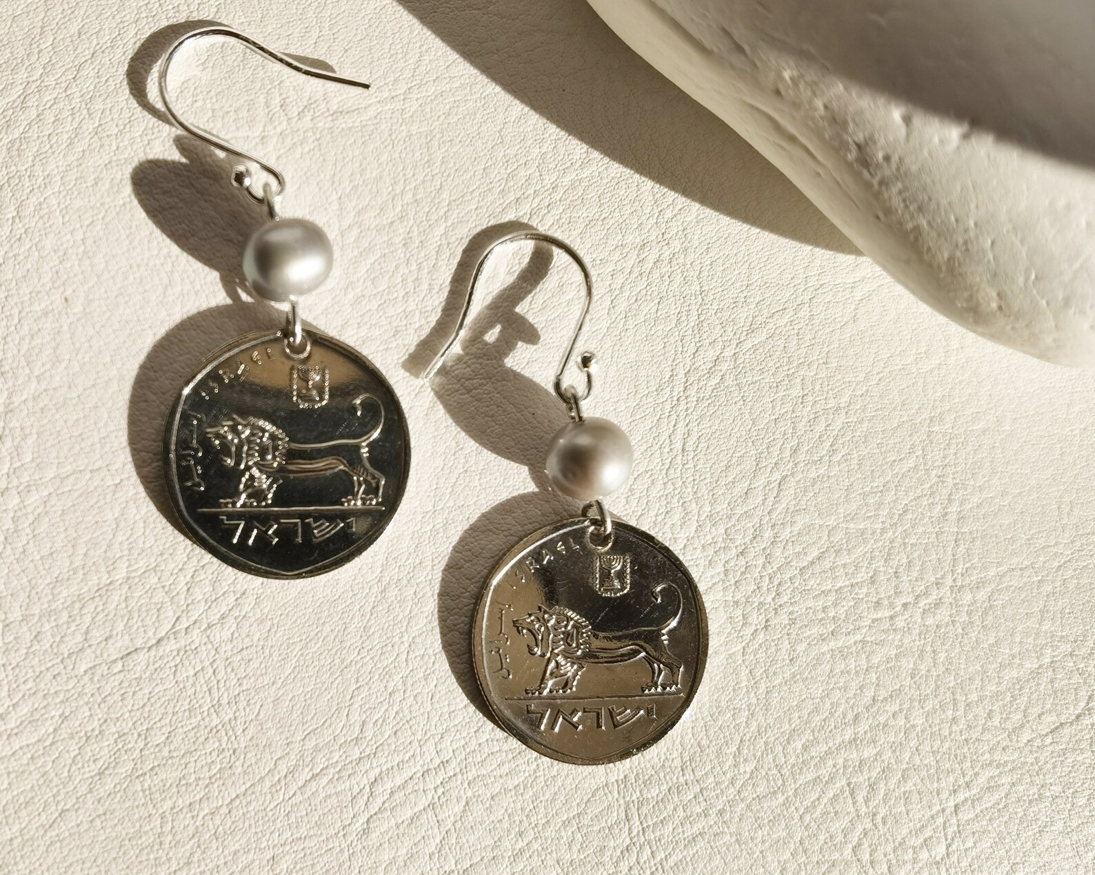 Israeli 925 Silver Earring Sheqel Coin, Holy Land, Grey Pearls ...