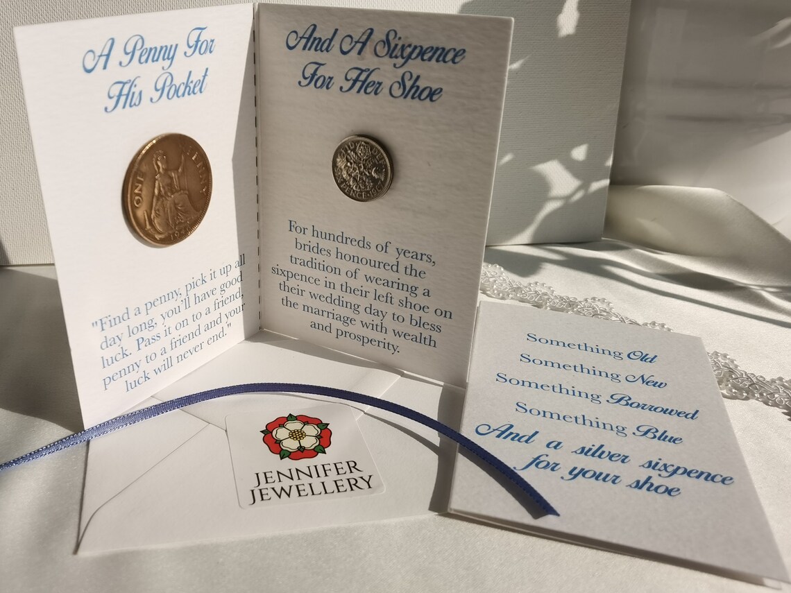 Bride Wedding Coins on Card English Lucky Bride and Groom, Penny for ...