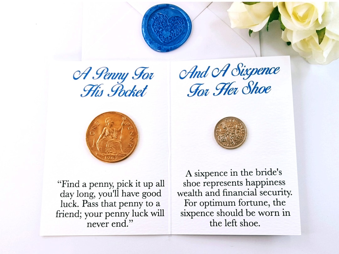 Bride Wedding Coins on Card English Lucky Bride and Groom, Penny for ...