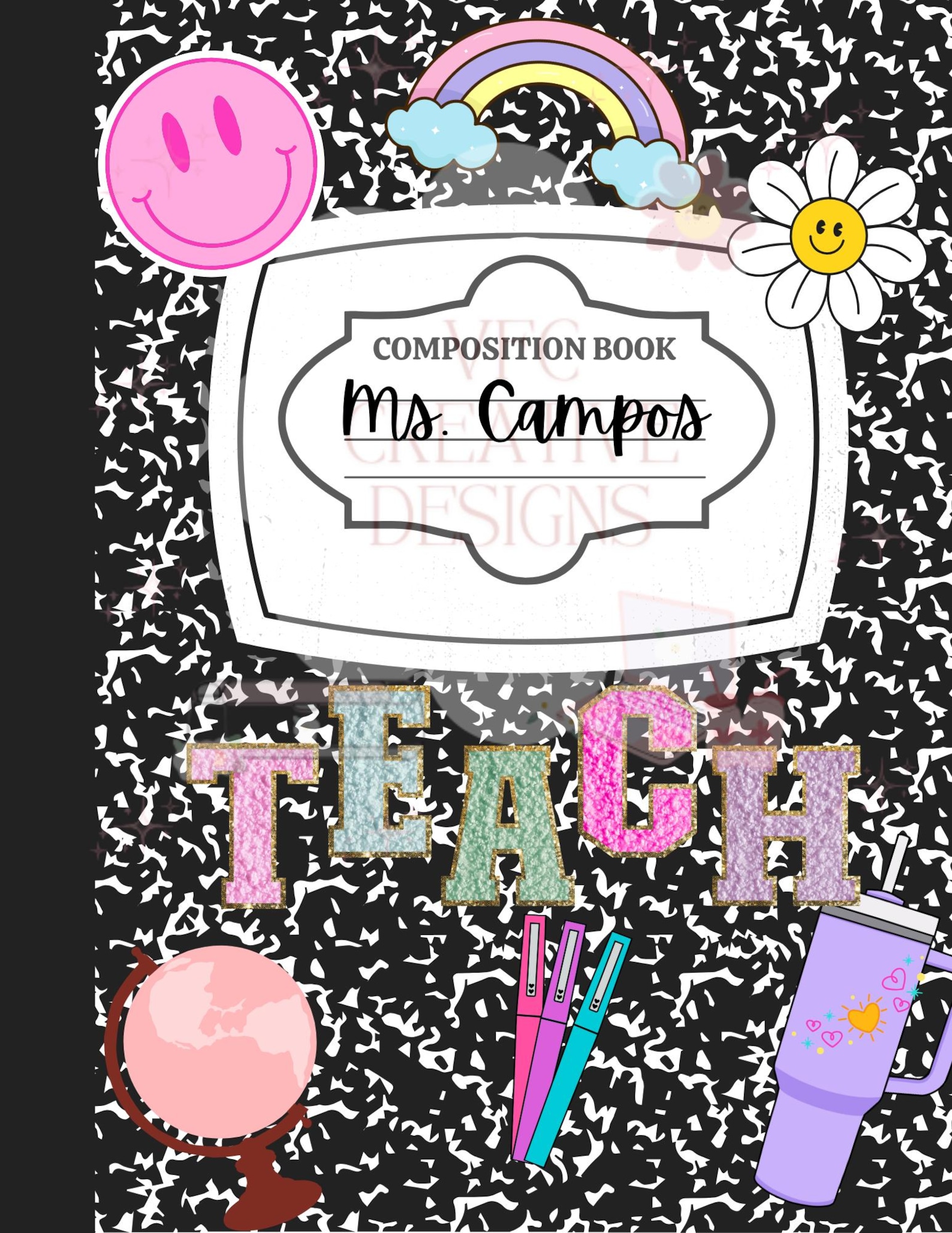 Retro Teacher Composition Notebook: Glittery Design (PNG Digital ...