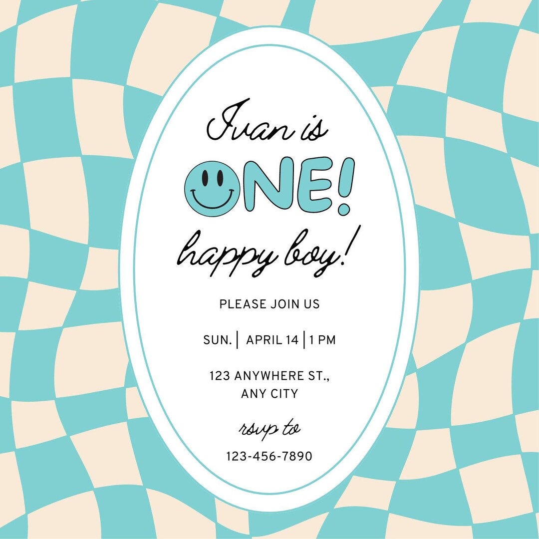 Blue Checkered Retro Smiley Invitation - Etsy