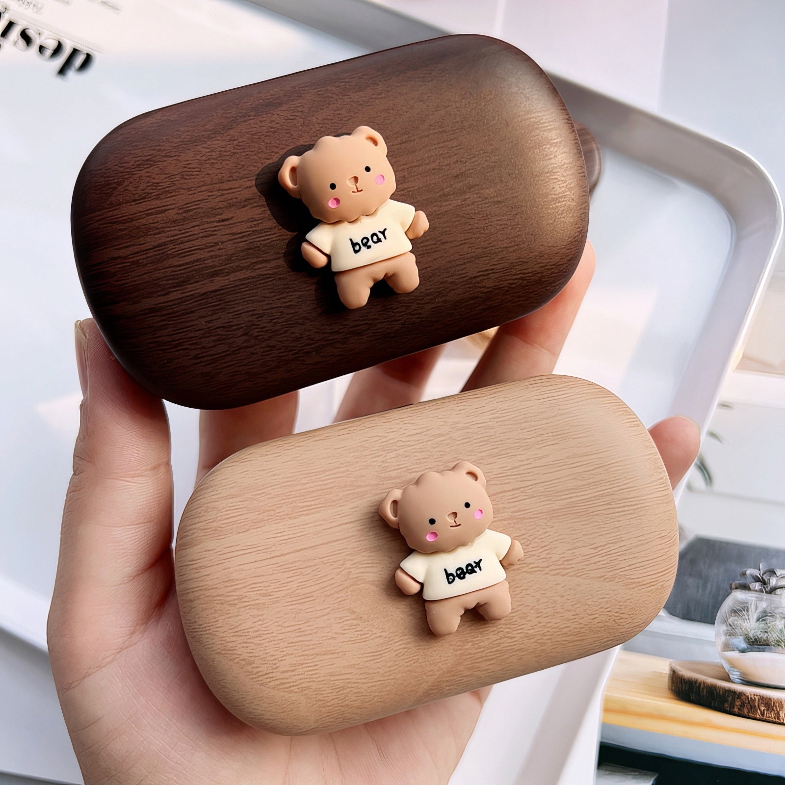 Brown Cute Bear Wood Texture Plastic Contact Lens Case, Travel Contact ...