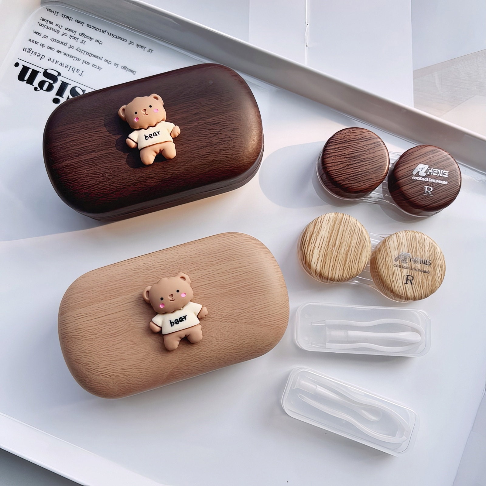 Brown Cute Bear Wood Texture Plastic Contact Lens Case, Travel Contact ...