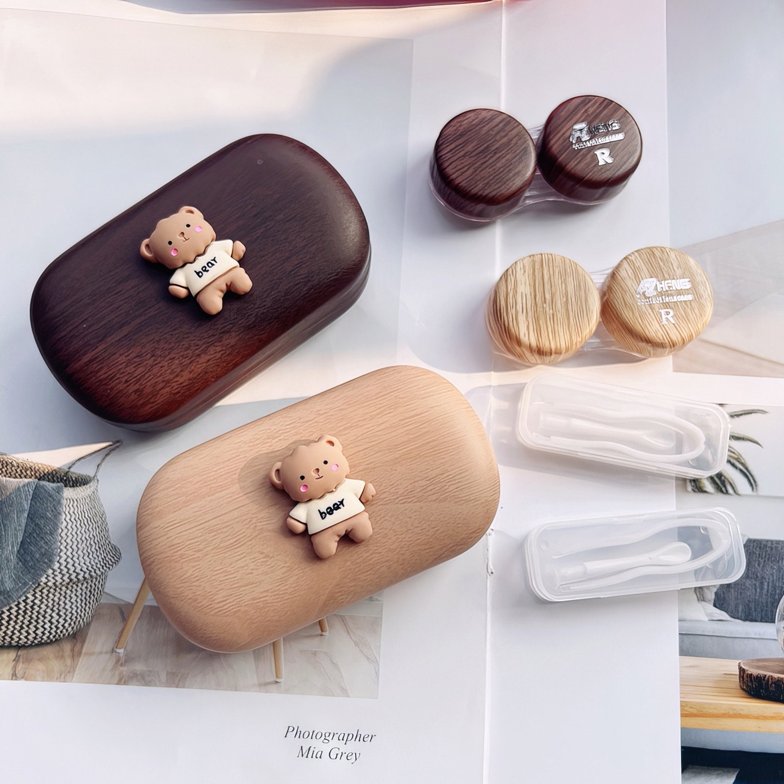 Brown Cute Bear Wood Texture Plastic Contact Lens Case, Travel Contact ...