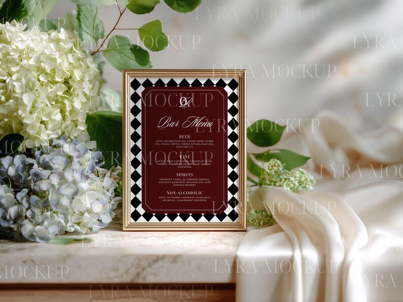 Mockup de moldura dourada, sinalização para casamento, mockup de pôster ...