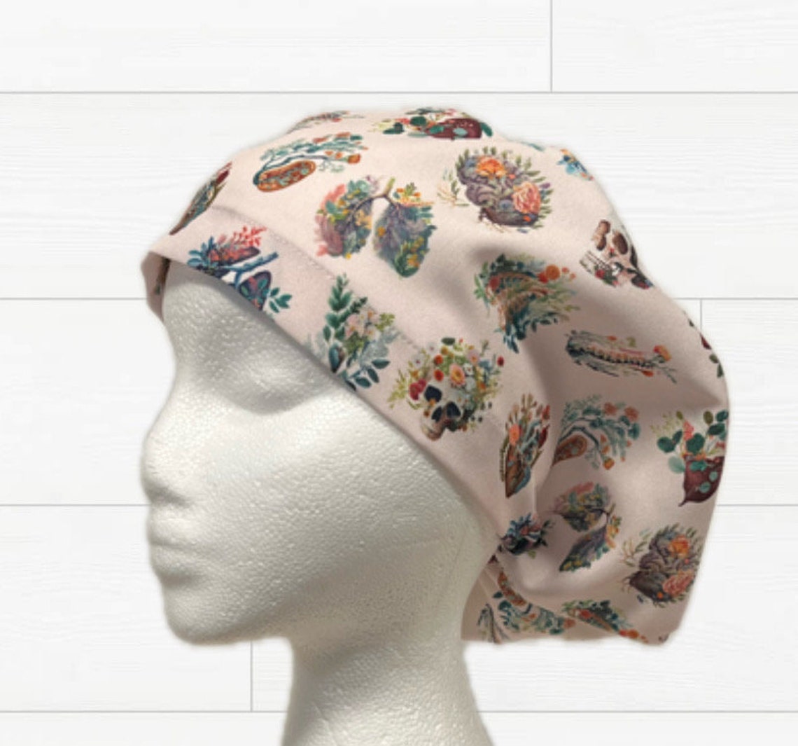 Anatomy With Floral, Brain, Heart Euro Scrub Cap, Scrub Caps for Women ...