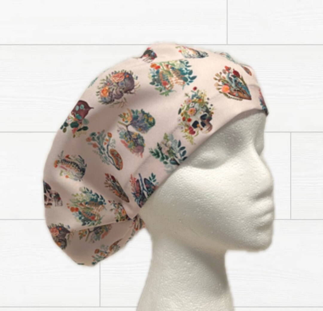 Anatomy With Floral, Brain, Heart Euro Scrub Cap, Scrub Caps for Women ...