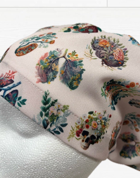 Anatomy With Floral, Brain, Heart Euro Scrub Cap, Scrub Caps for Women ...