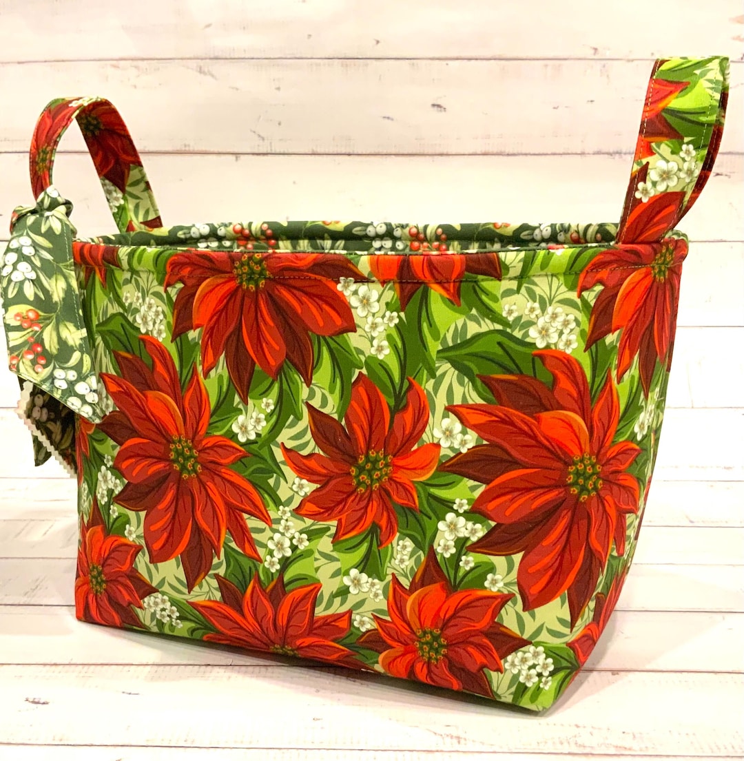 Poinsettia Fabric Basket With Handles, Holiday Basket, Gift Basket ...