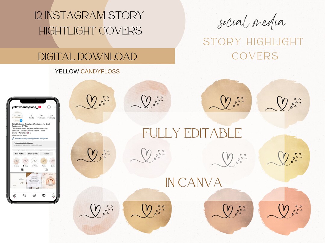 Instagram Story Highlight Covers, Set of 12, Canva Templates ...