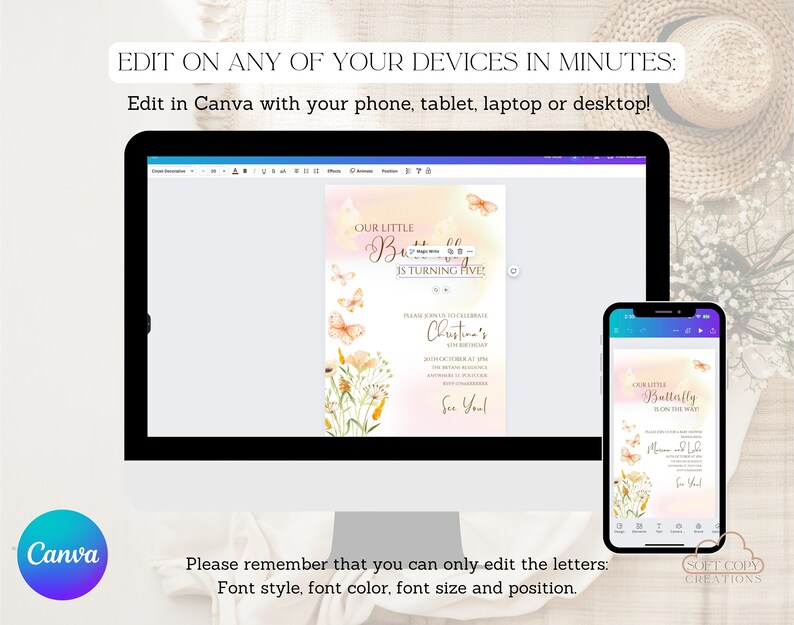 Butterfly Theme Invitation Template, Birthday, Baby Shower, Bridal, Any ...