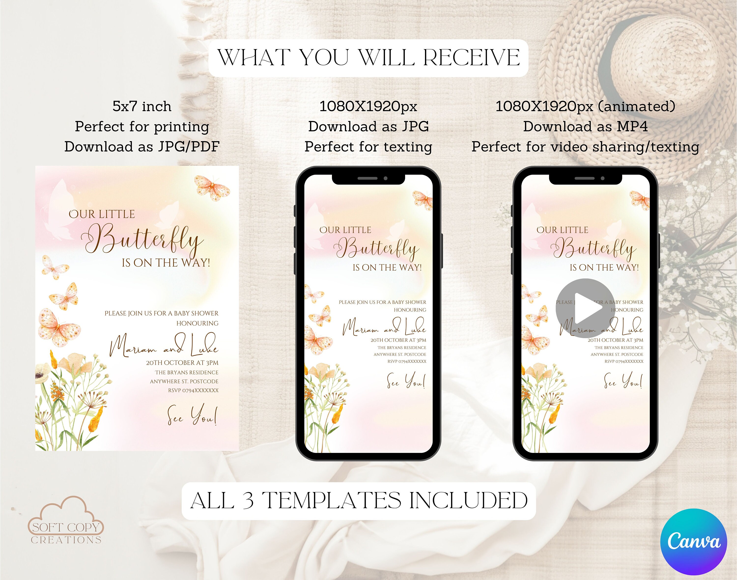 Butterfly Theme Invitation Template, Birthday, Baby Shower, Bridal, Any ...
