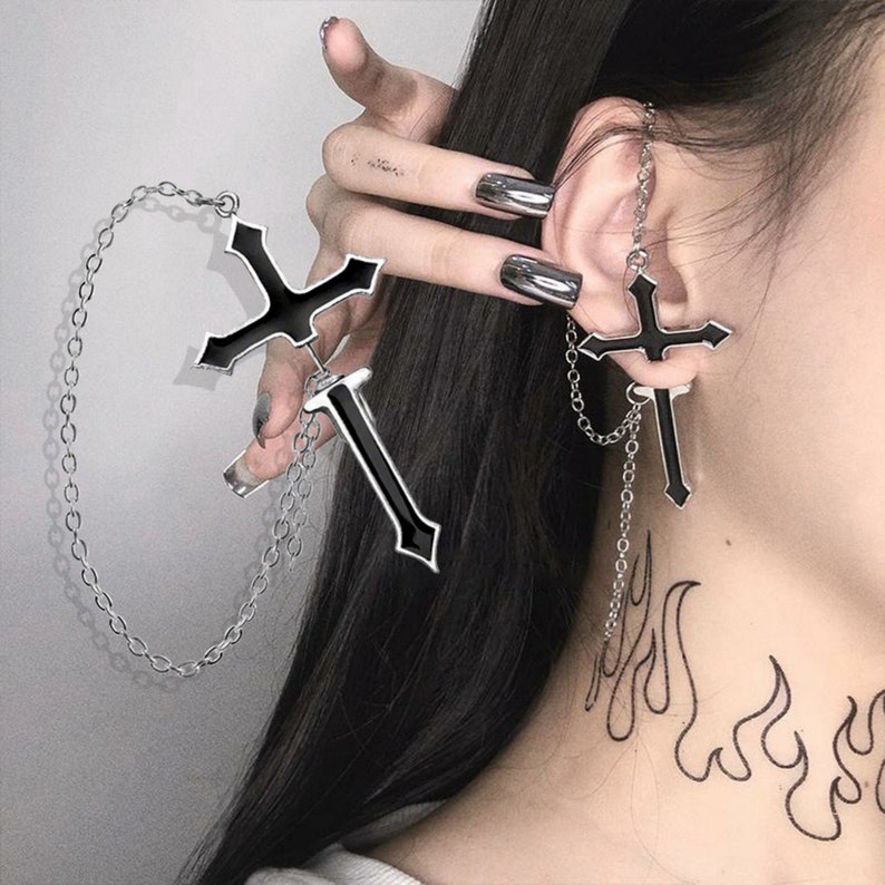 Black Cross Earring Grunge Aesthetic Emo Goth Gothic Cosplay - Etsy
