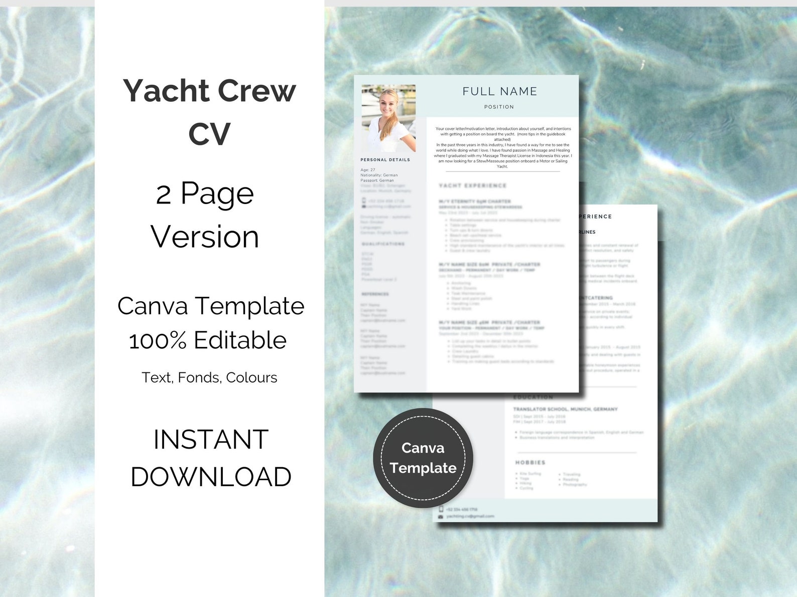 Yachting CV Template | Yacht Crew CV | Superyacht CV Canva Template ...