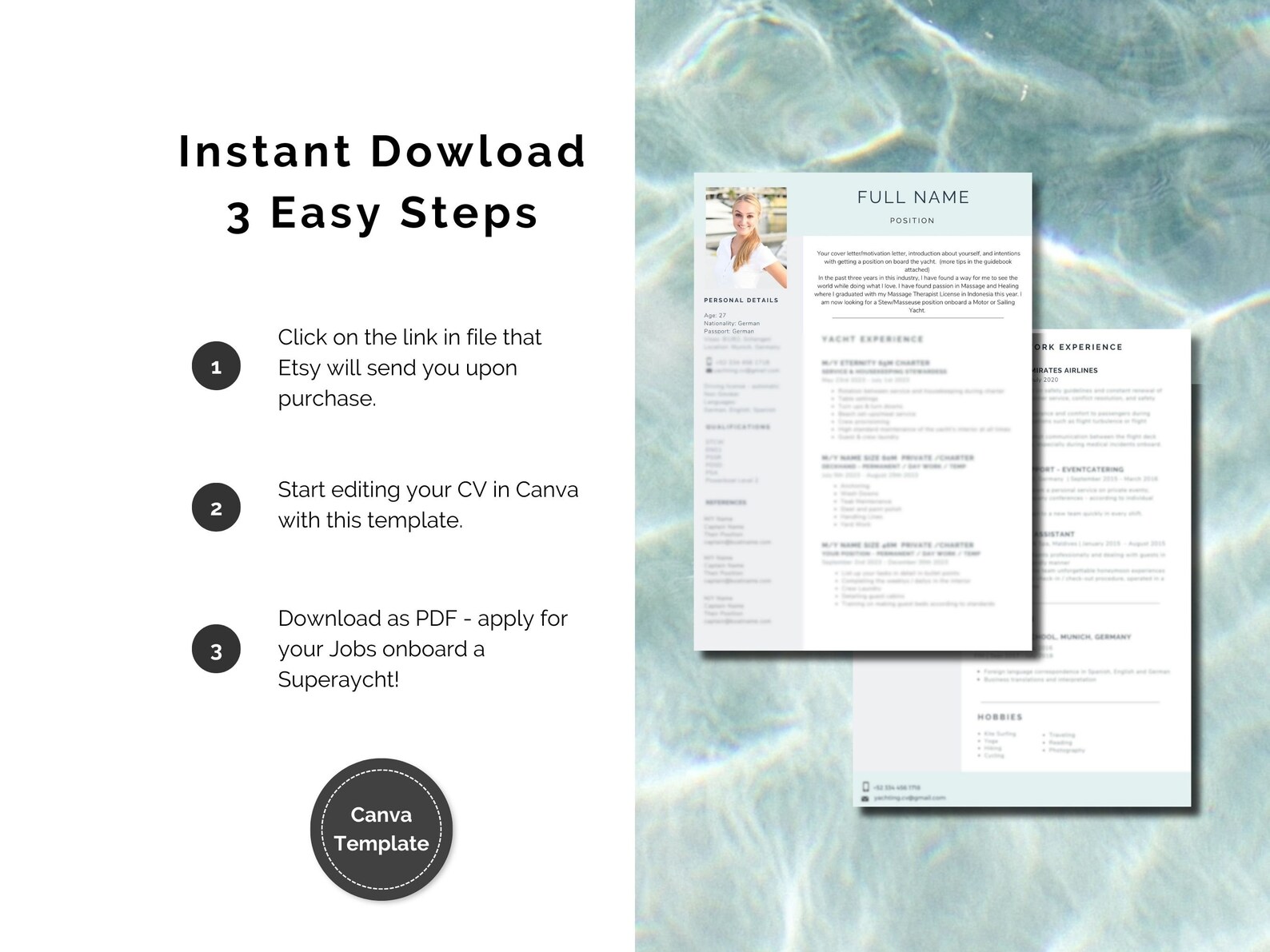 Yachting CV Template | Yacht Crew CV | Superyacht CV Canva Template ...