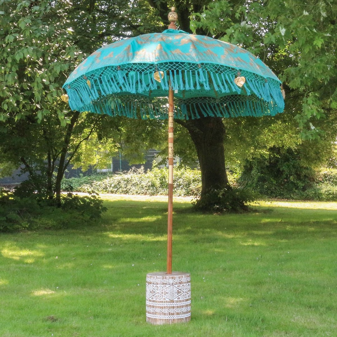 Parasol Bali Umbrella 180 Cm Turquoise Gold Painting Fringes, Garden ...
