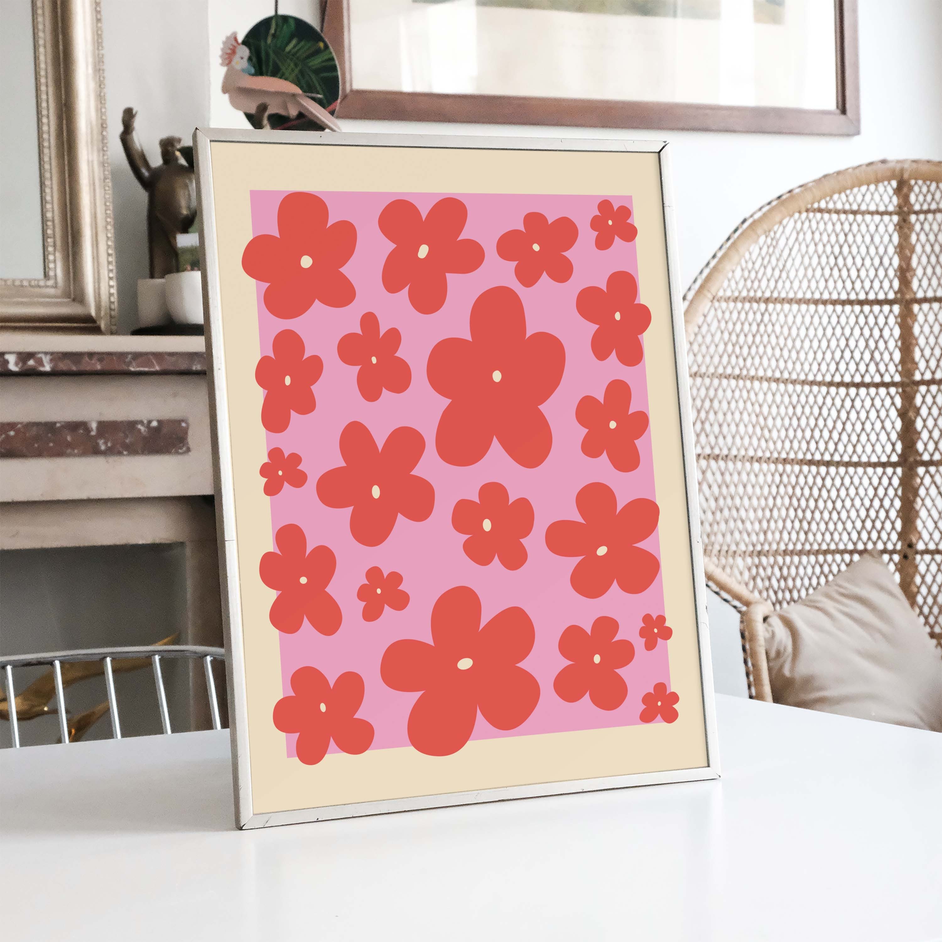 Pink and Red Funky Abstract Flower Art Poster, Quirky Art Print ...