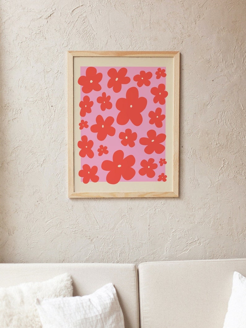 Pink and Red Funky Abstract Flower Art Poster, Quirky Art Print ...