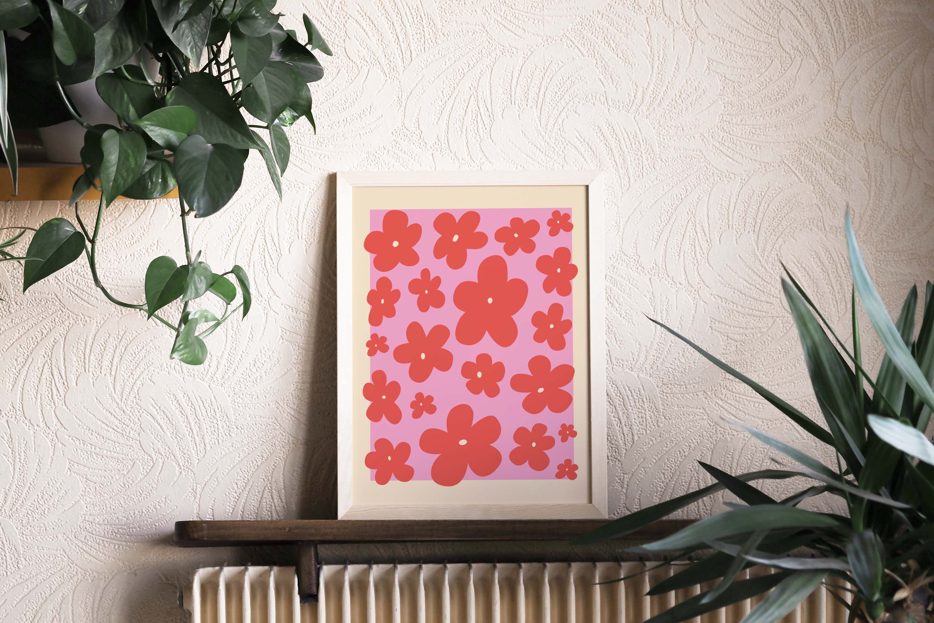Pink and Red Funky Abstract Flower Art Poster, Quirky Art Print ...