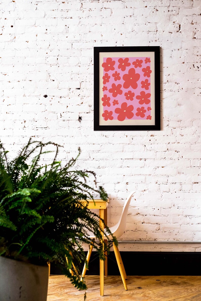 Pink and Red Funky Abstract Flower Art Poster, Quirky Art Print ...