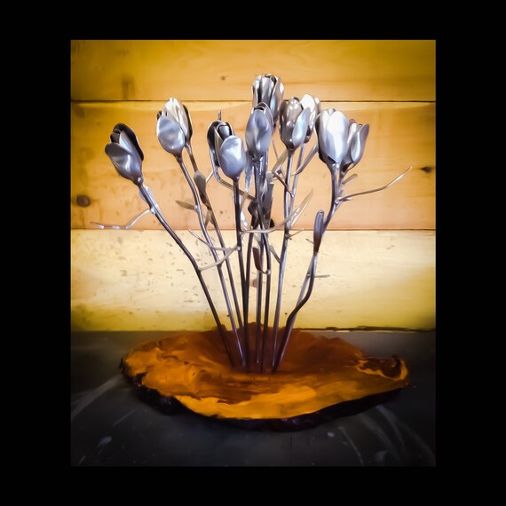 Dozen Metal Roses on Live Edge Wood Base | Etsy