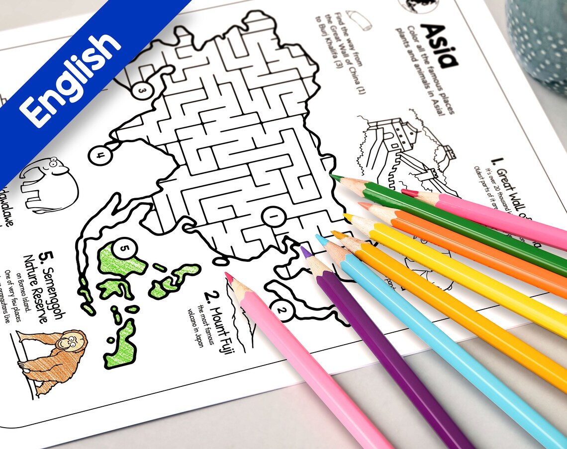 Asia Continent Map and Coloring Page, Printable Continent Worksheet for ...