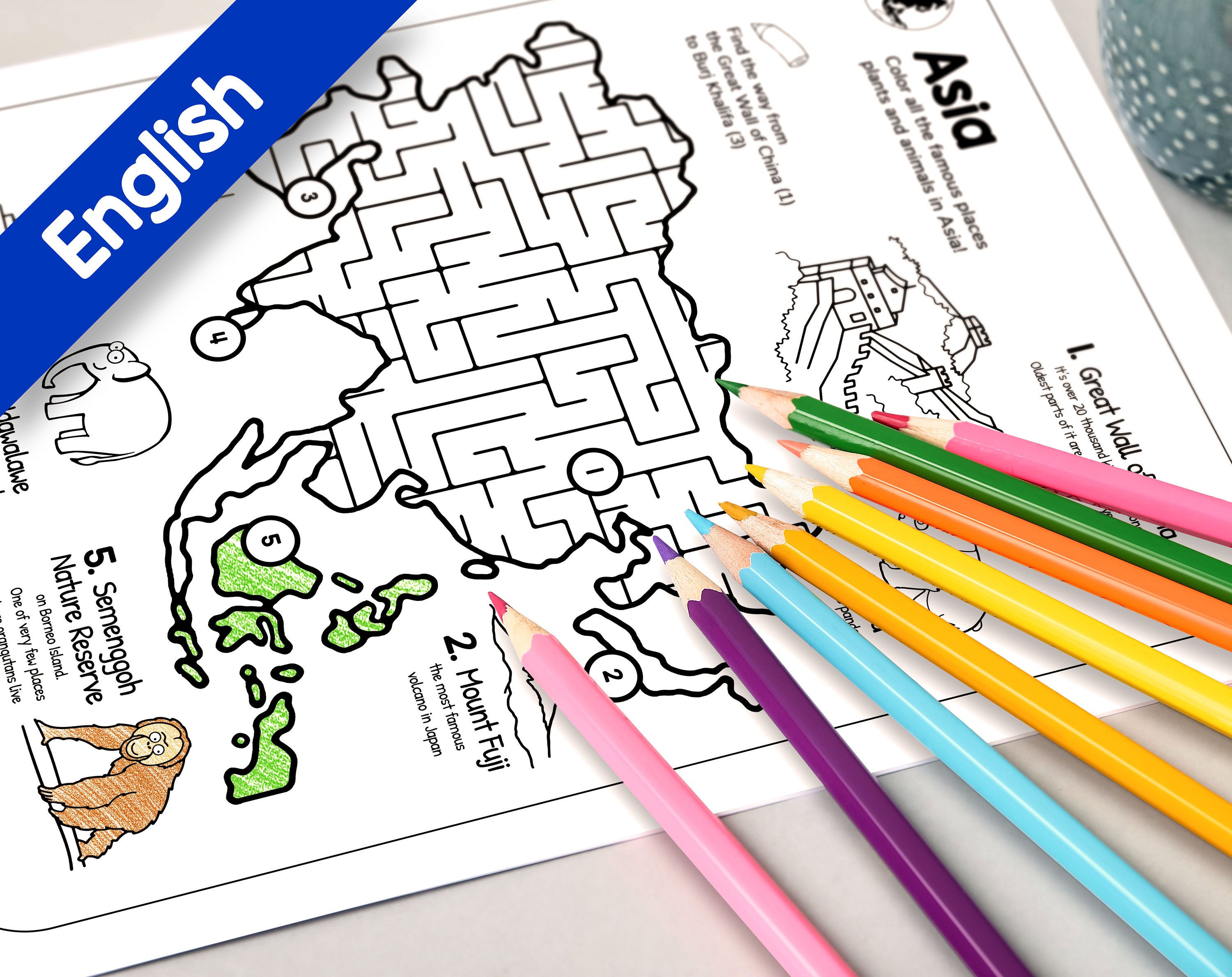 Asia Continent Map and Coloring Page, Printable Continent Worksheet for ...