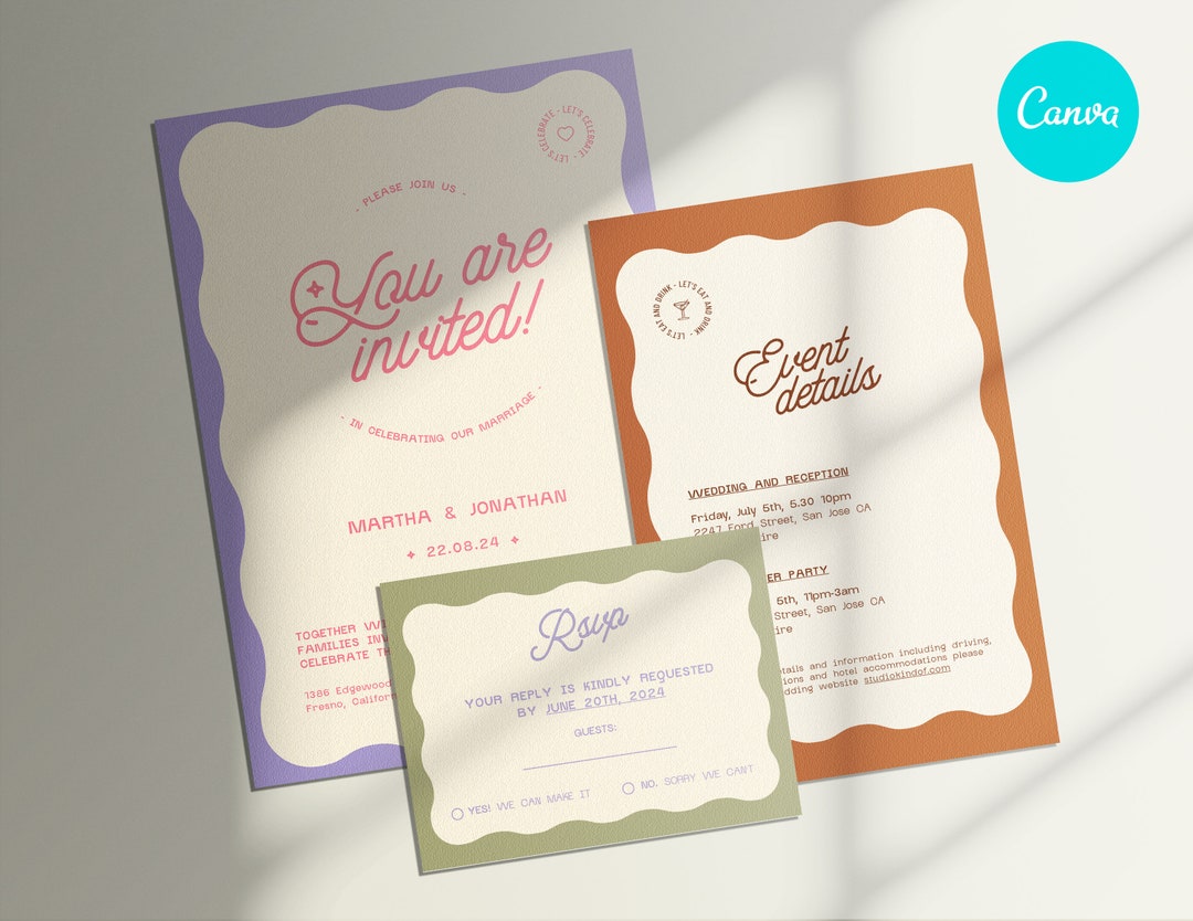 Retro Curve Customizable Wedding Invitation, Details Card and RSVP Card ...