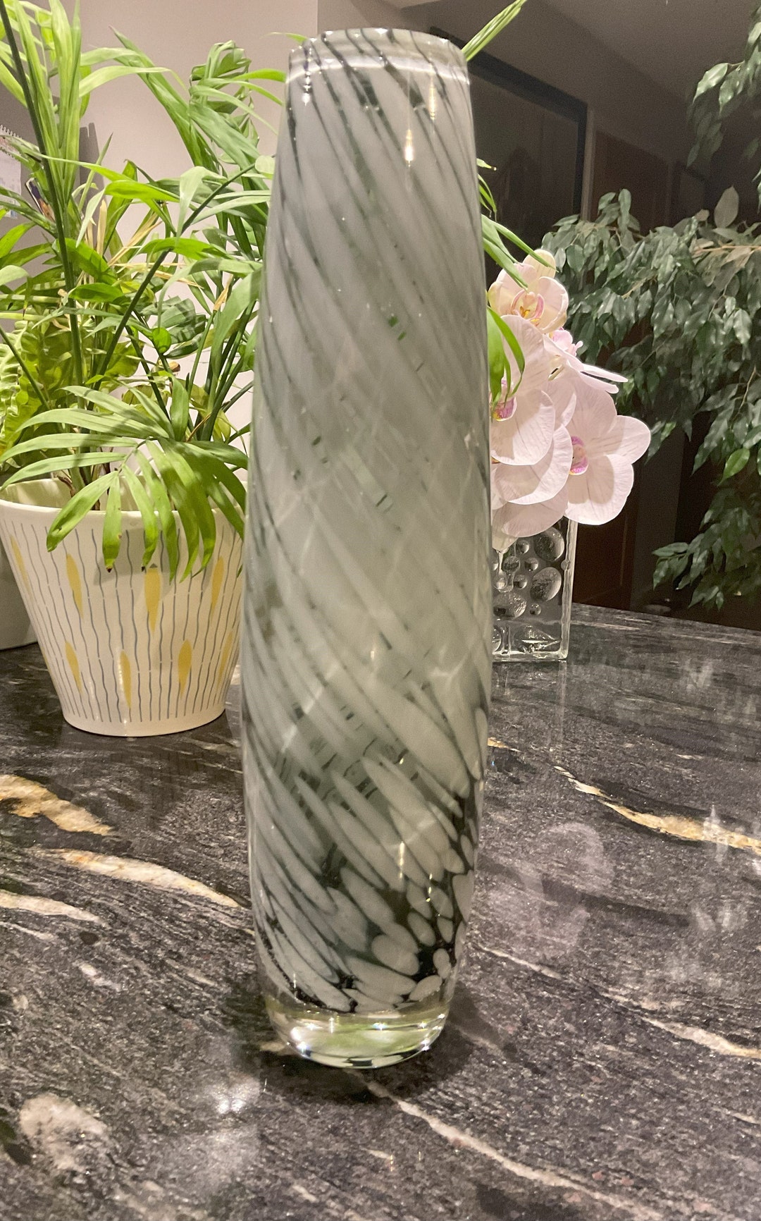 Vintage Hand Blown Tall White / Grey Swirl Glass Vase Possibly Made by ...