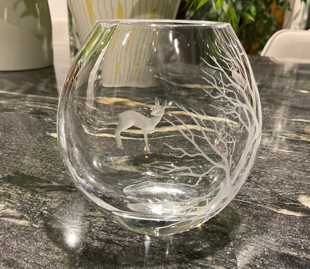Vintage EKENAS Sweden Etched Fawn & Tree Art Glass Vase - Mid-century ...