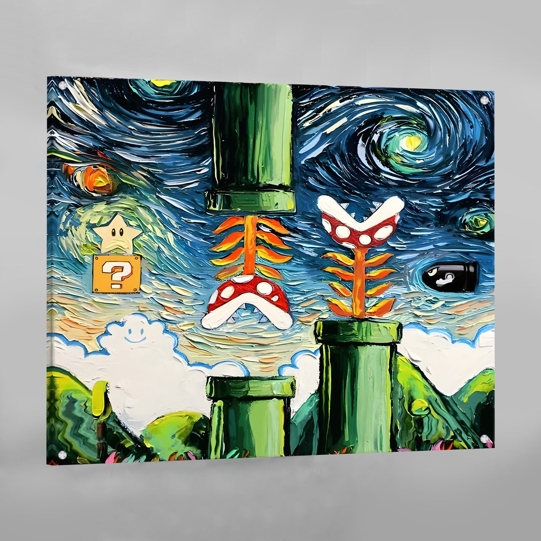Mario Starry Night Canvas Mario Bros Glass Art Mario World Home Decor ...