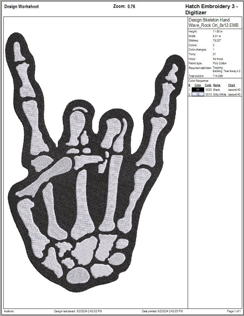 Skeleton Hand Wave Rock on Embroidery Design Size(s): 2x3", 3x4", 4x6 ...