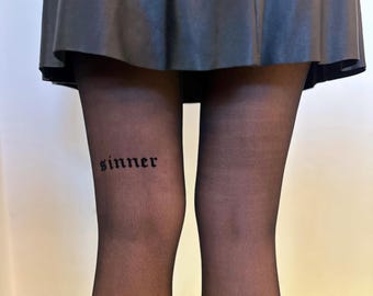 Sheer Black Tights With “angel” Print – Bold Statement Tights, Edgy ...