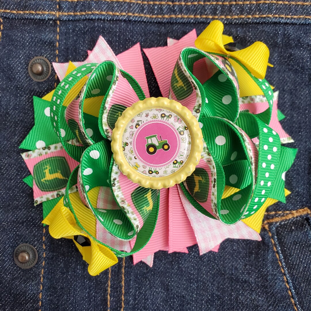 2 Green Tractor Stacked Bows| 4.5 John Deere Boutique Hair Bows| Farm ...