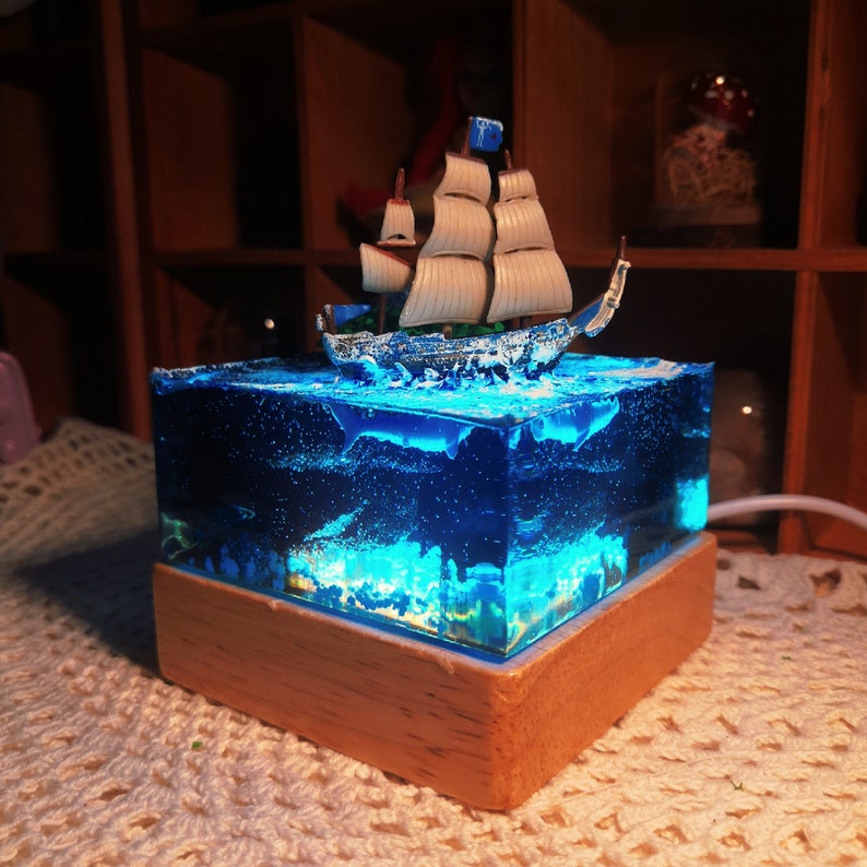 Pirate Ship Epoxy Resin Art Night Lamp Solid Wood Lamp Holder Resin ...