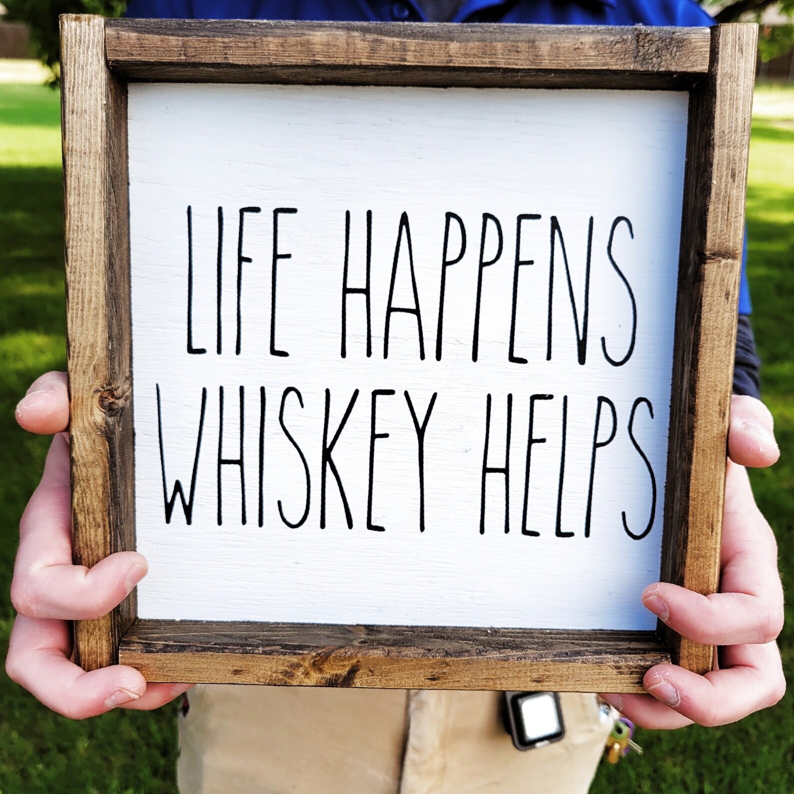 Life Happens Whiskey Helps Farmhouse Wood Sign, Rae Dunn Style Bar ...
