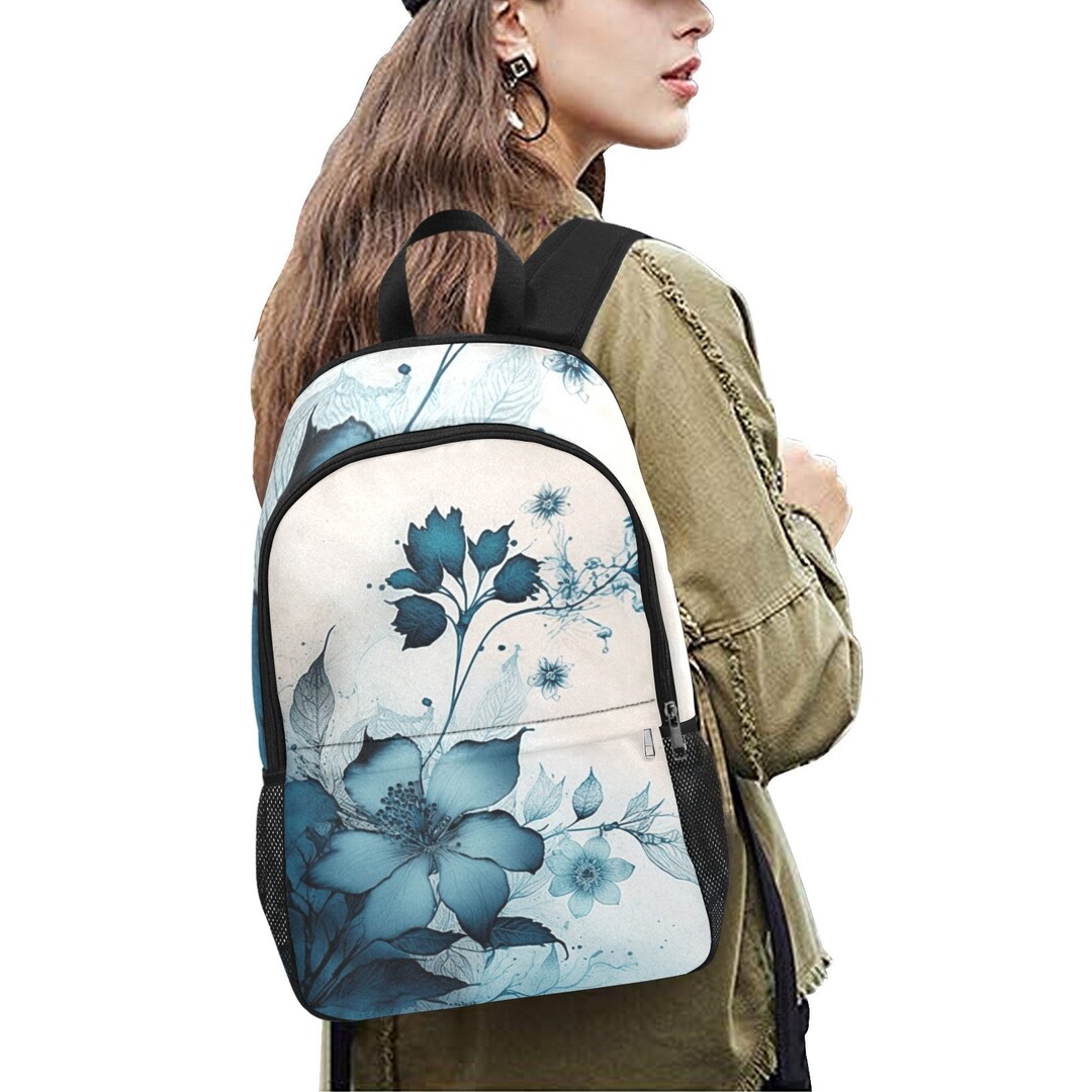 Blue Flower Backpack With Mesh Pockets Durable Polyester School, Hiking ...