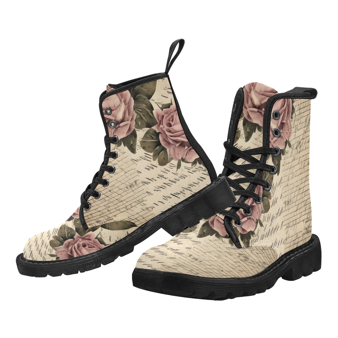 Vintage Style Letter Rose Canvas Boots Women's Lace-up Shoes With ...
