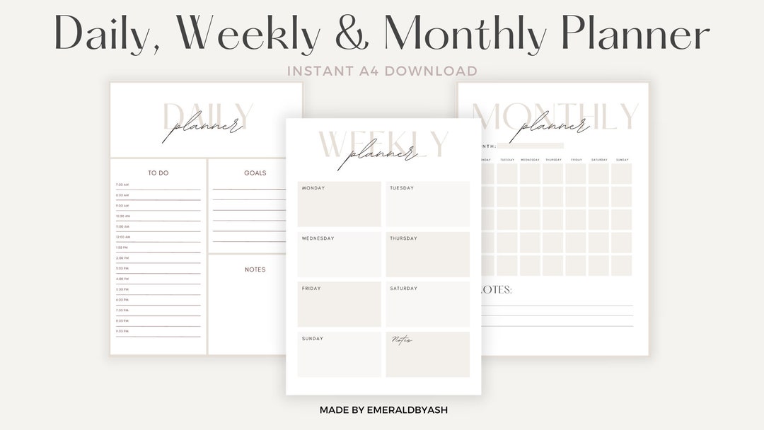 Minimalist Daily, Weekly, Monthly Planner Pack | Printable Planner Set ...