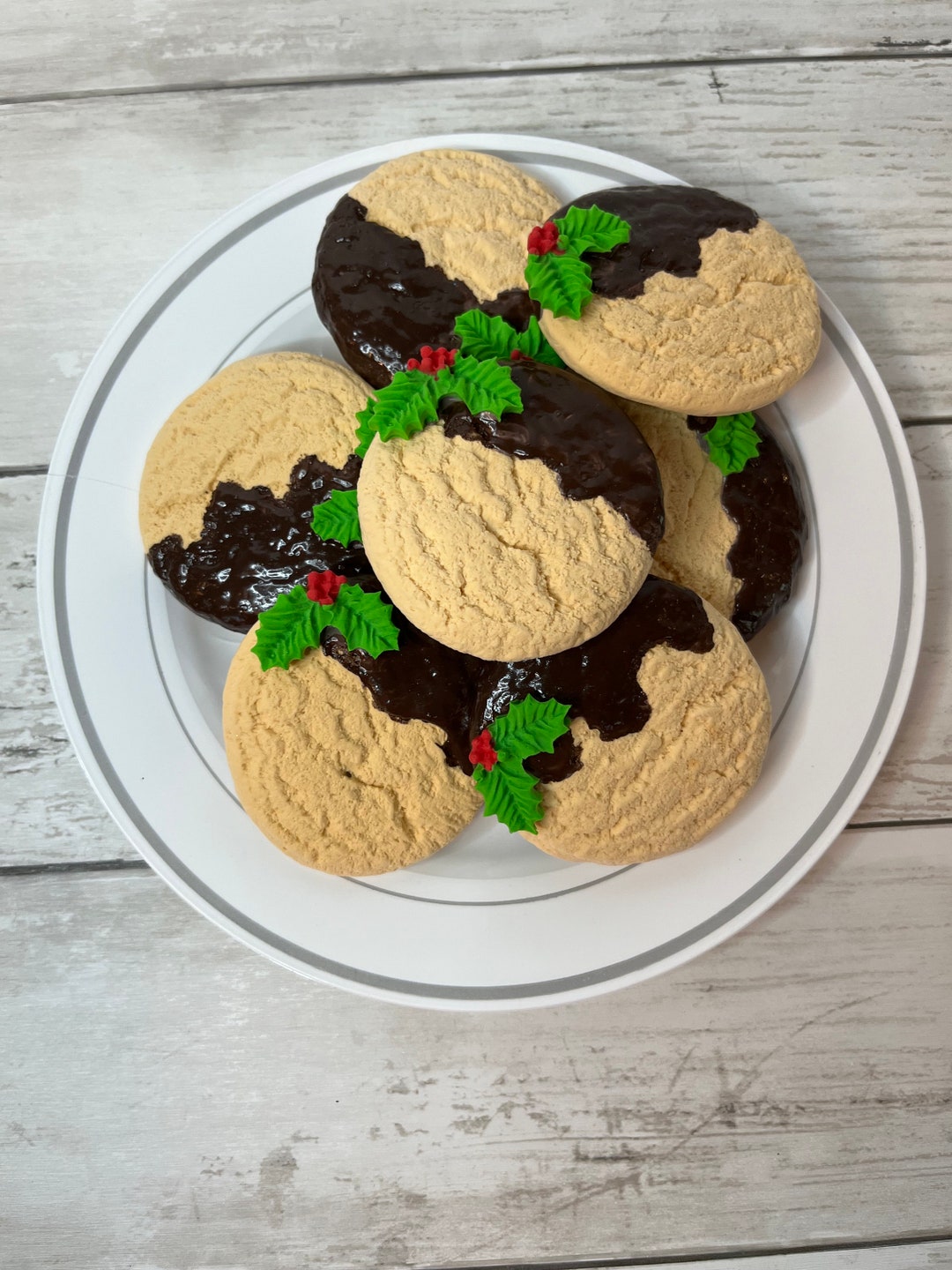 Fake Christmas Sugar Cookies Dipped in Chocolate With Holly, Faux ...
