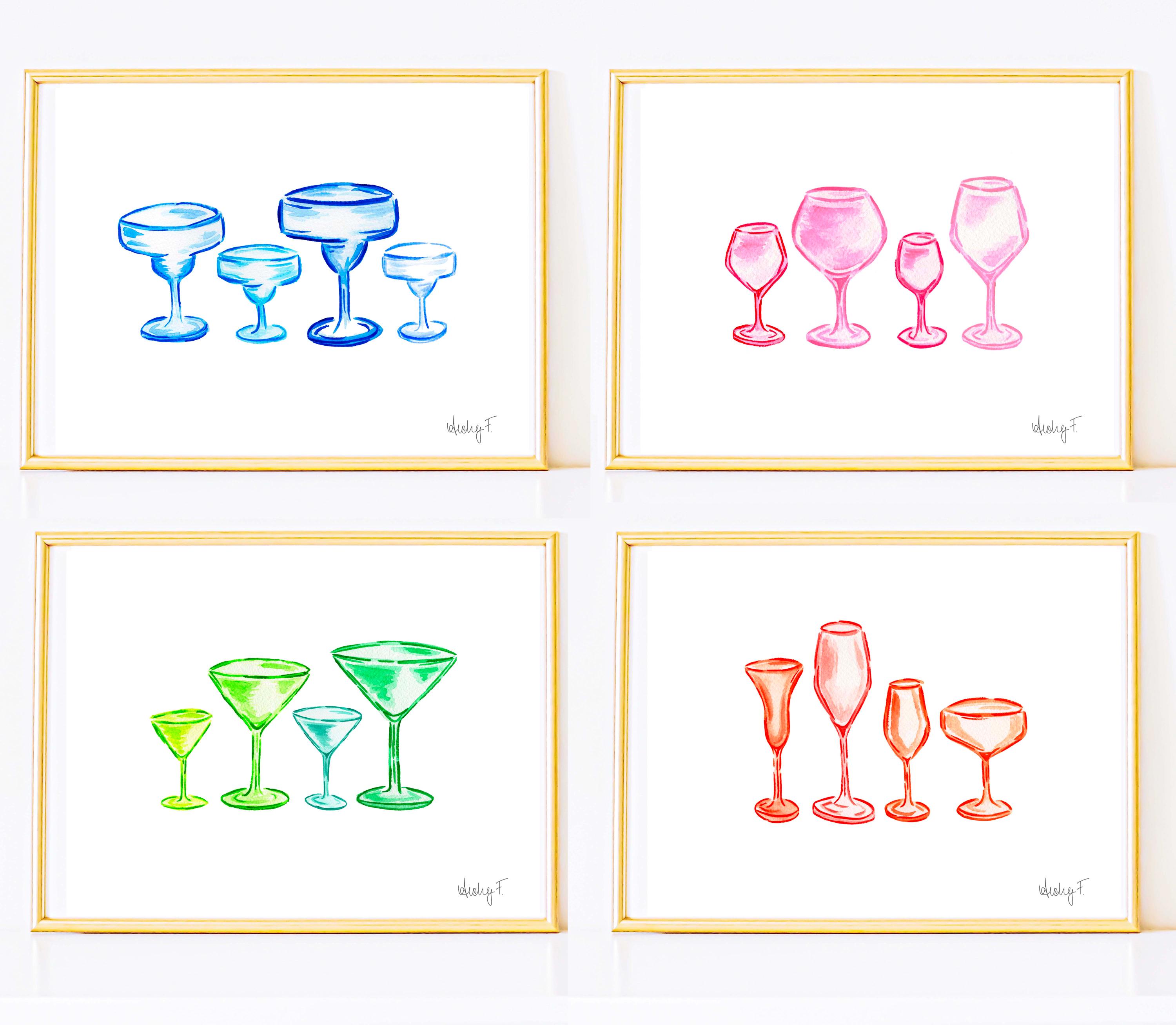 Print | Blue Margarita Glass Watercolor Quad | Bar Cart Cocktail Wall ...