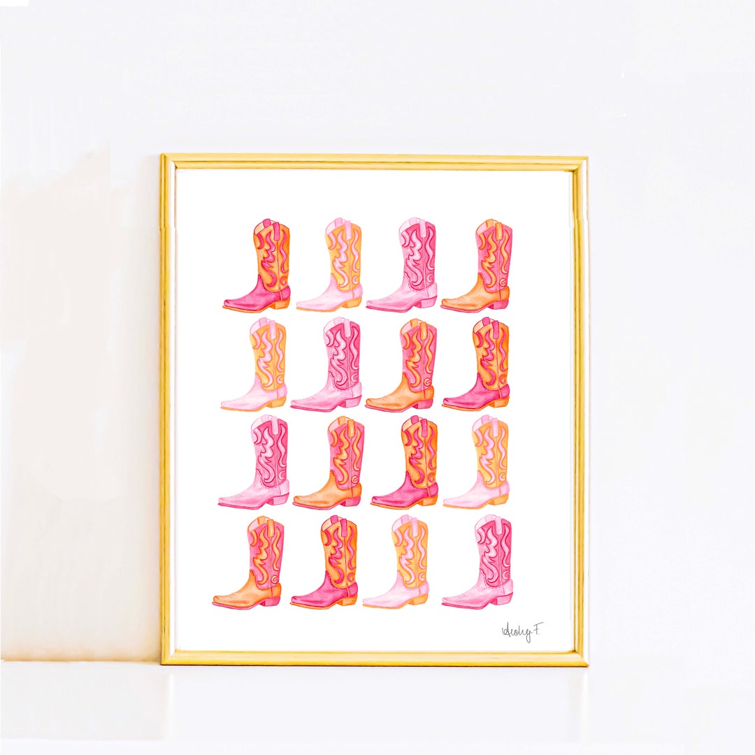 Print Poster | Rows of Mini Hot Pink & Orange Cowboy Boots Painting ...