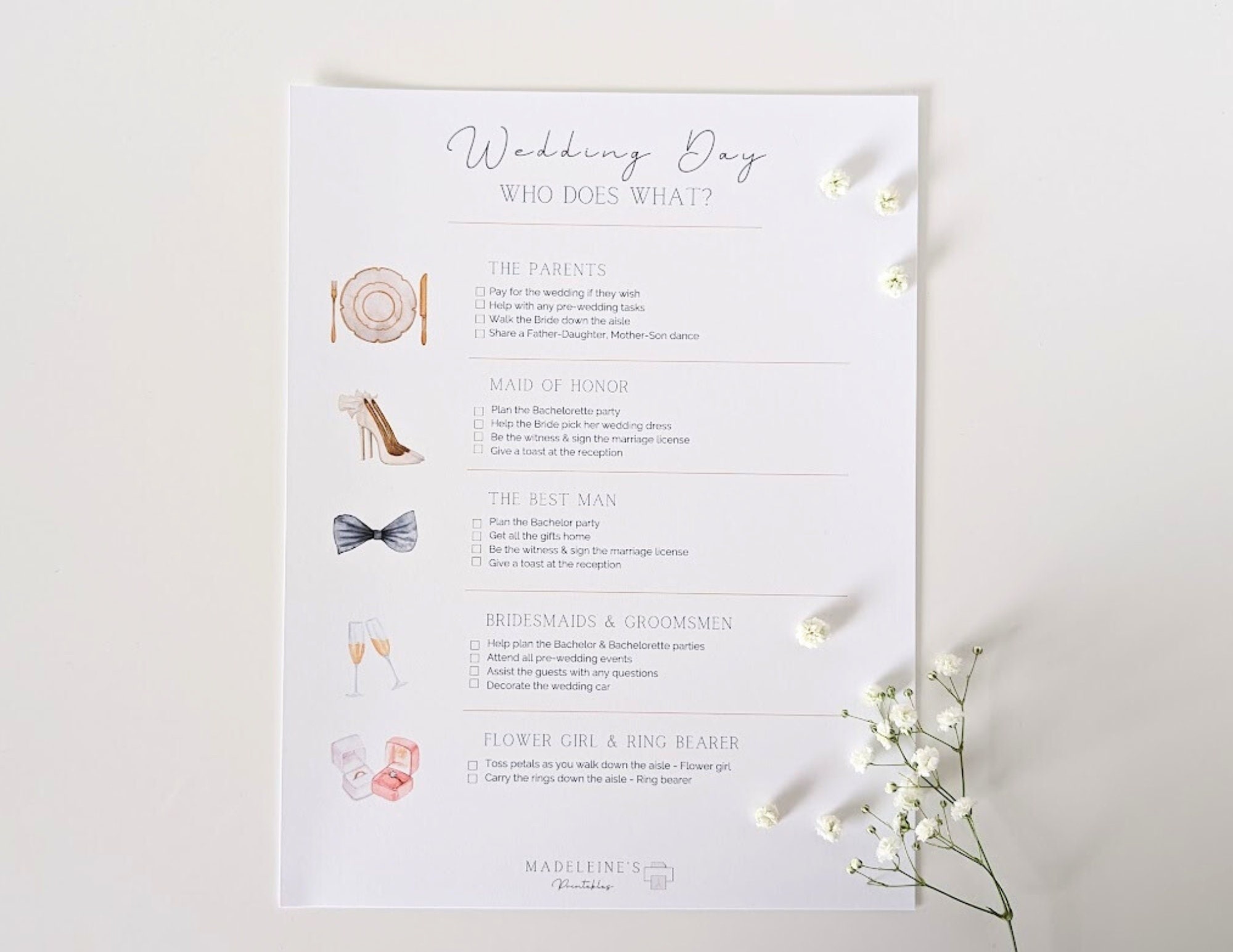 Wedding Day Guide Simple Printable Day of Wedding Responsibility ...