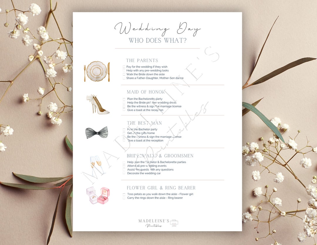 Wedding Day Guide Simple Printable Day of Wedding Responsibility ...