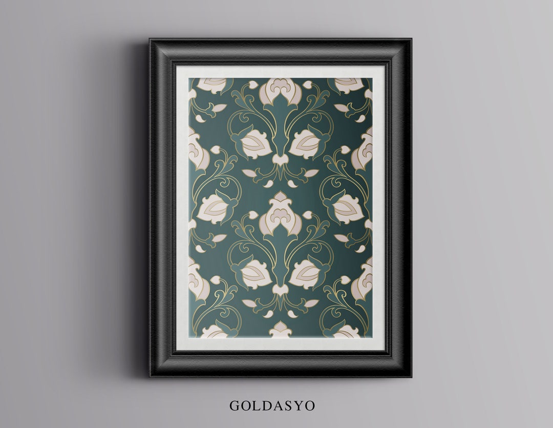 Vintage Textile Art Green Floral Pattern Wall Print Elegant Rug Pattern ...