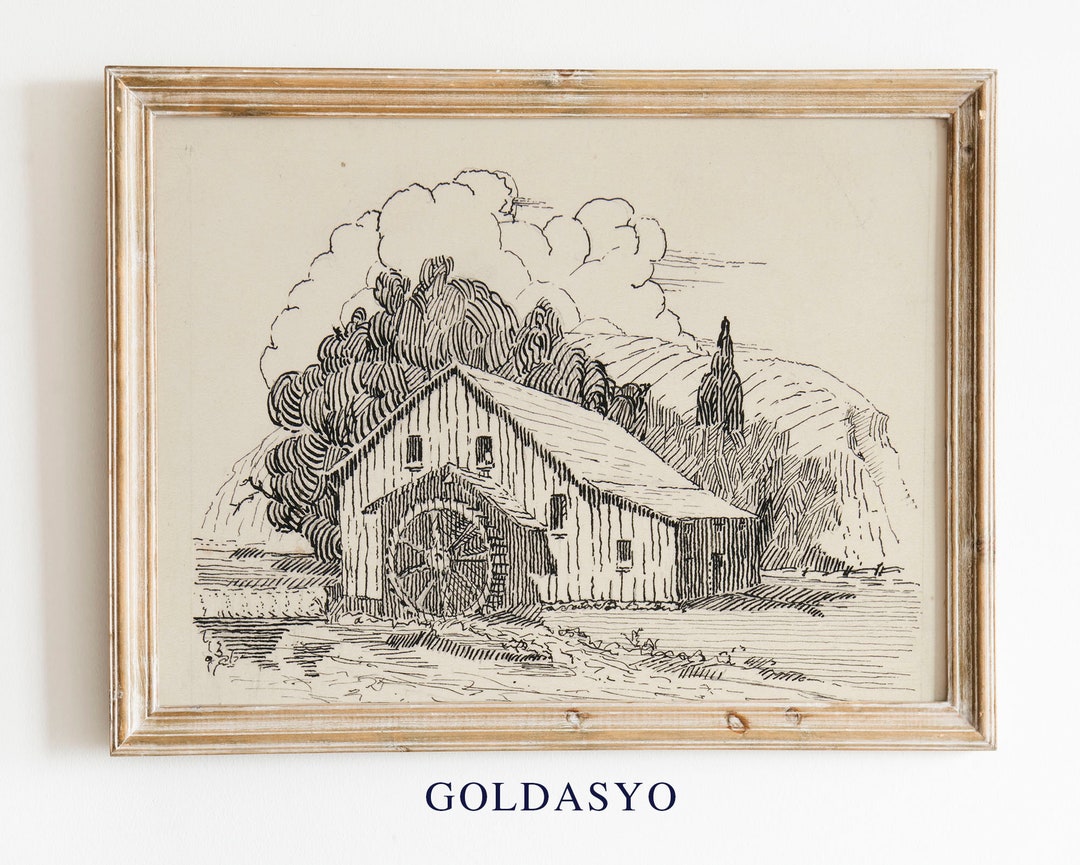 Antique Old Mill Sketch | Vintage Drawing for Rustic Neutral Minimalist ...
